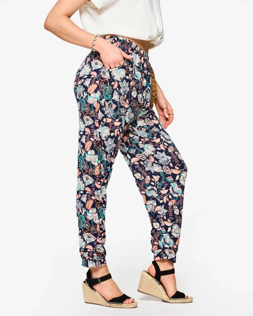 Royalfashion Wzorzyste granatowo- różowe damskie spodnie materiałowe a ...