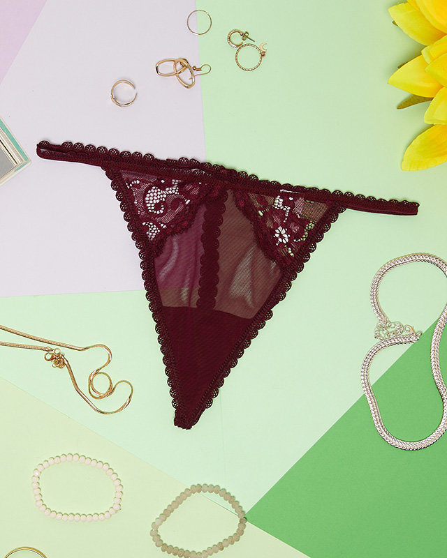 Bordowe majtki damskie typu stringi z koronki- Bielizna - Bordowy ...